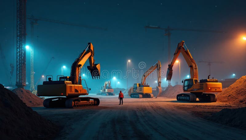 Construction Site at Night. Heavy Machinery Like Excavators Operate ...