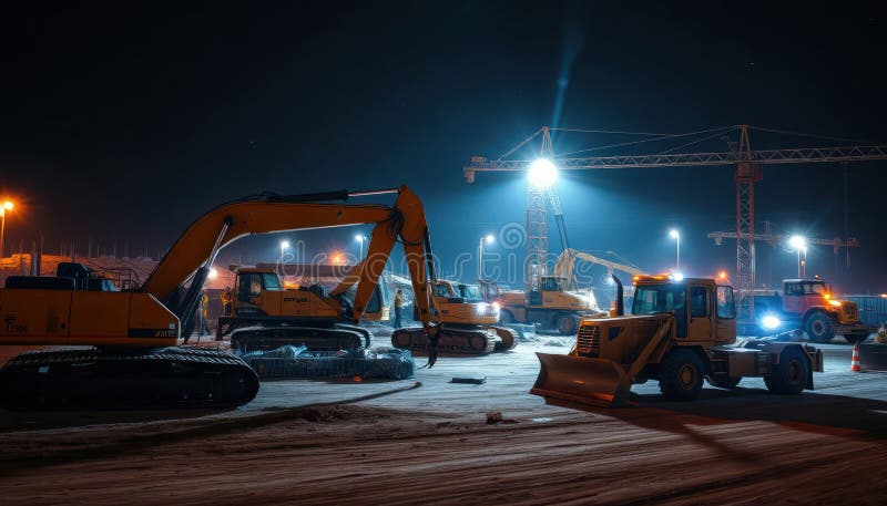 Construction Site at Night. Heavy Machinery, Workers Operate Under ...