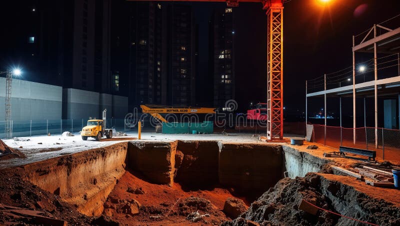 Construction Site at Night with Machinery and Deep Excavation ...