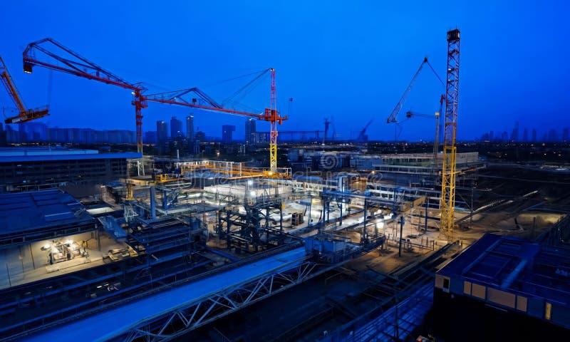 Aerial View of Construction Site at Night with Cranes and Steel ...