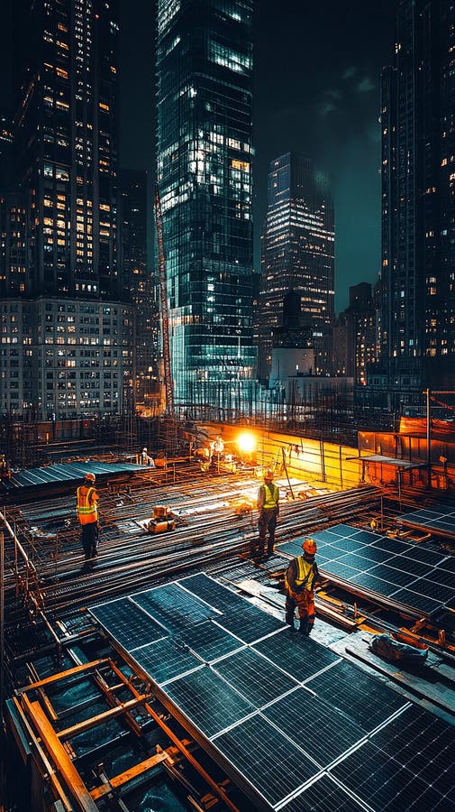Construction Site at Night with Solar-Powered Lights Illuminating the Work Area Stock ...
