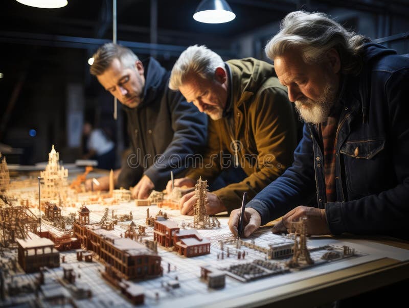Architects Discussing Blueprints in Construction Site Office Stock ...