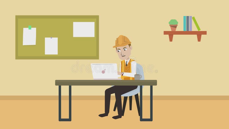 Construction Worker Typing on Laptop Indoors Seamless Loop 2D Animation ...