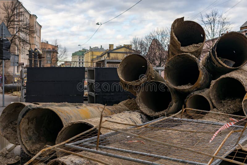 Construction Site with Old Rusty Pipes, Replacement of Heating Main in ...
