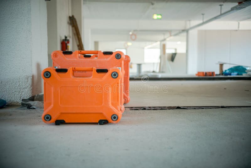 Construction Site Orange Tools Box Closeup. Office Remodeling Theme ...