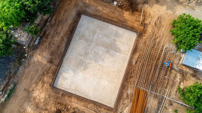 Construction Site Overhead Perspective Revealing Concrete Foundation ...