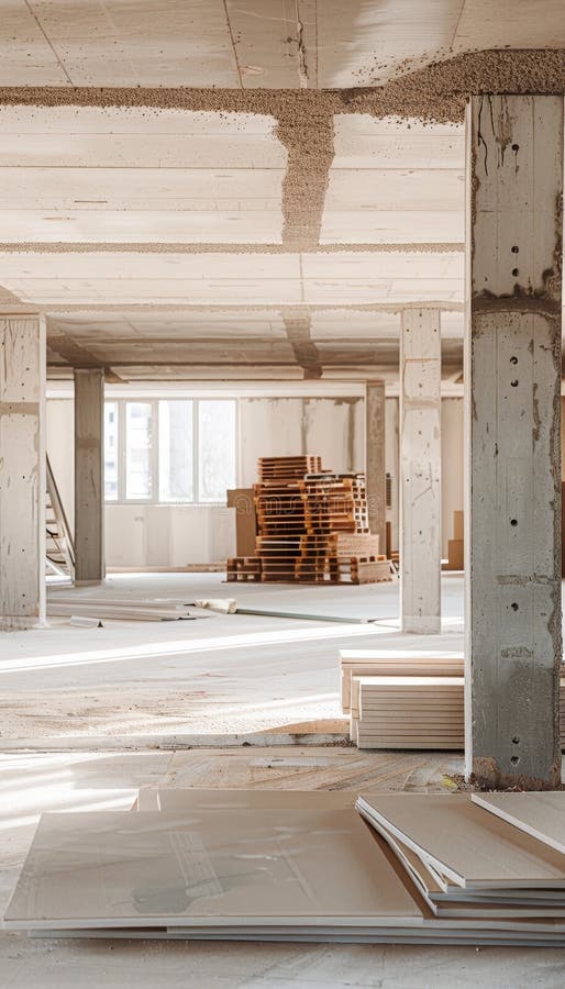 Construction Site Overview Featuring Stacked Drywall Sheets Symbolizing ...