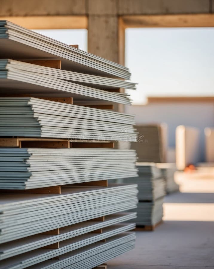 Construction Site Overview Featuring Stacked Drywall Sheets Symbolizing ...