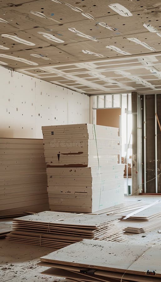 Construction Site Overview with Stacked Drywall Sheets Showcasing ...