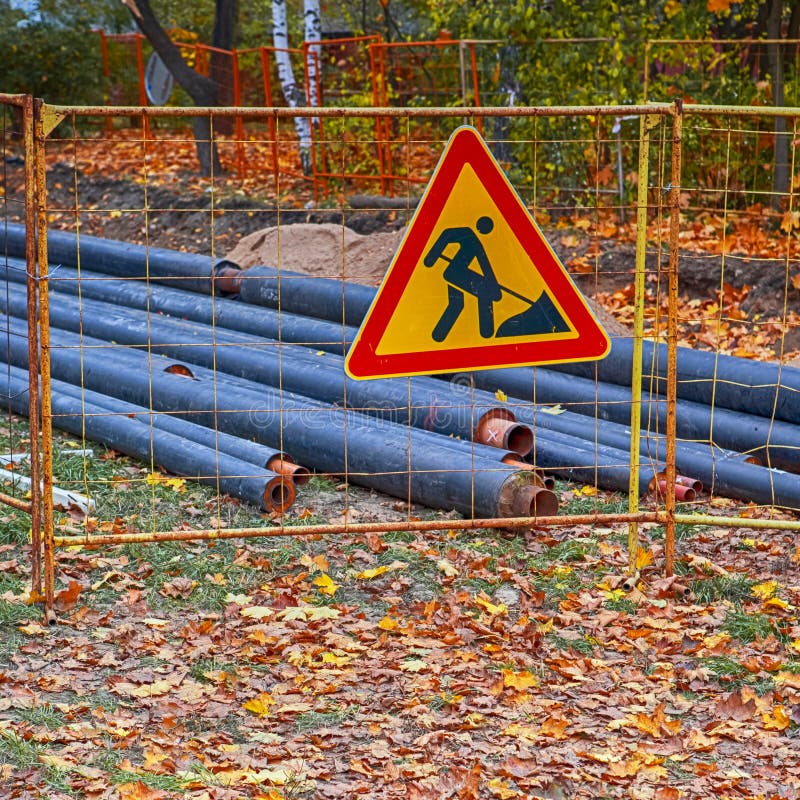 Construction Site Panel in City. Undeground Water Pipes Replacement ...