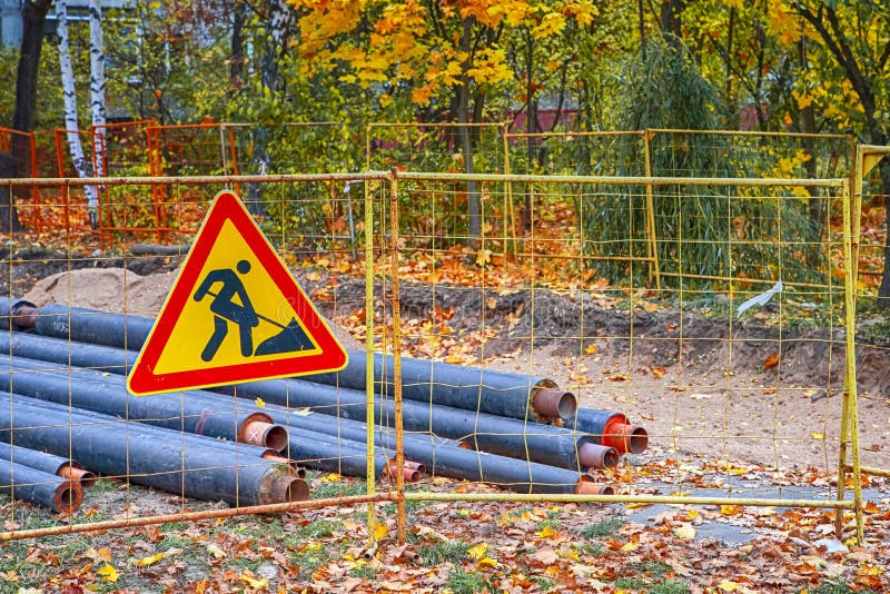 Construction Site Panel in City. Undeground Water Pipes Replacement ...