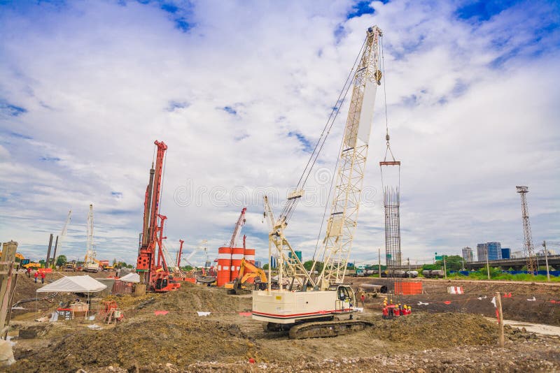 Construction Site with People and Building, Blue Sky Stock Photo ...