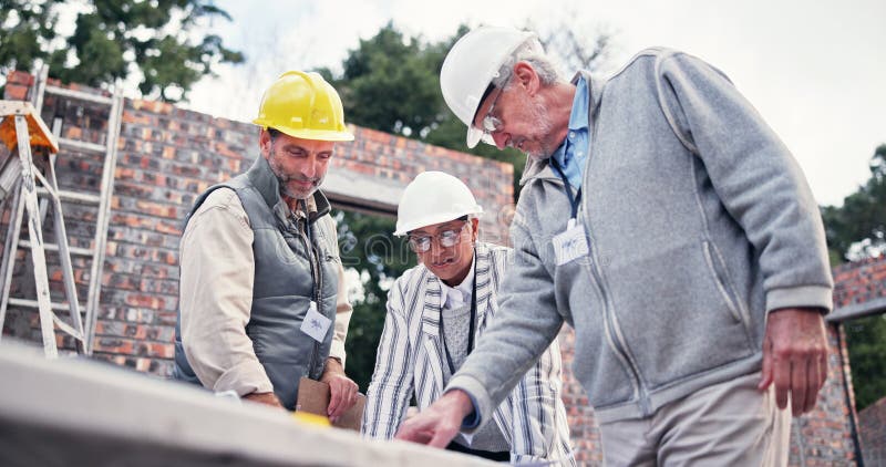 Construction Site, People and Discussion for Floor Plan, Blueprint and ...
