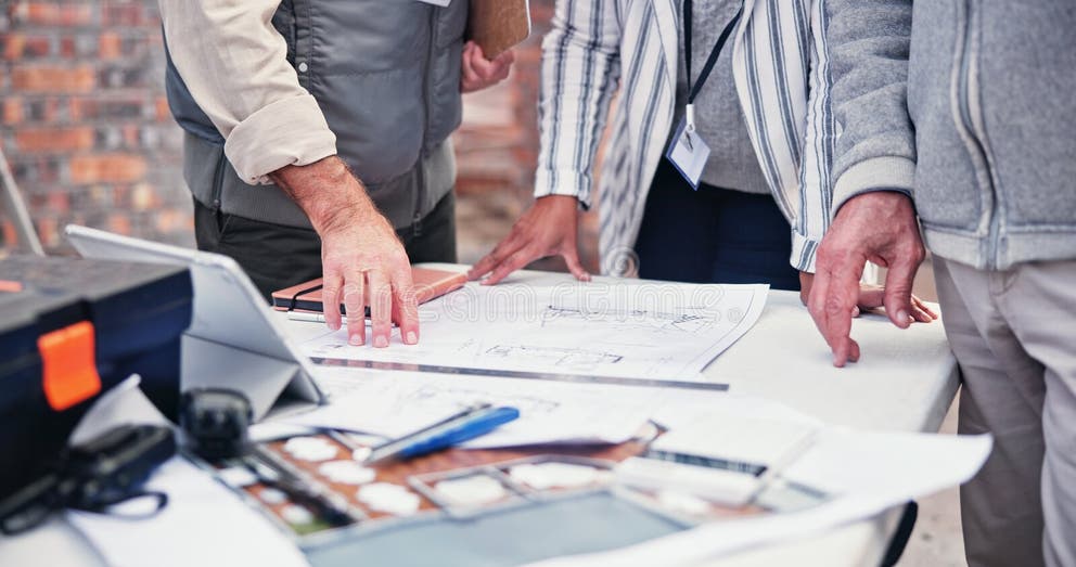Construction Site, People and Hands for Documents, Blueprint and Floor ...