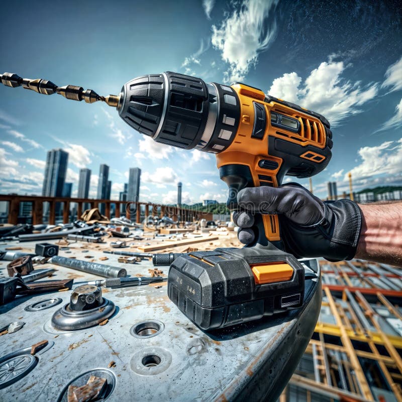 Construction Site Power Tools: Worker with Drill Against Dramatic Sky ...