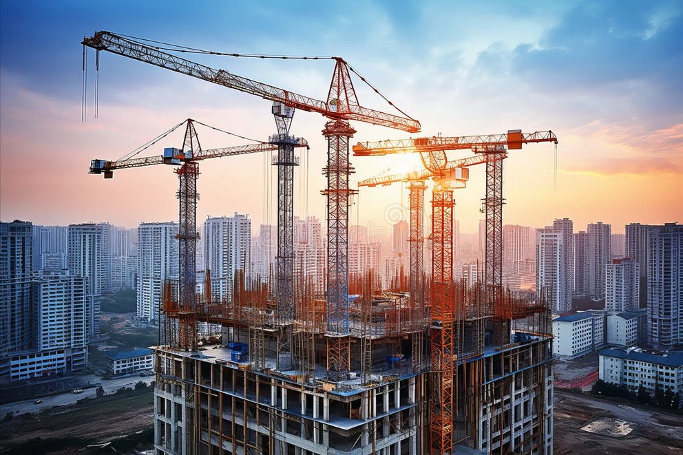 Construction Site. Process of Building Construction with Cranes on Site ...