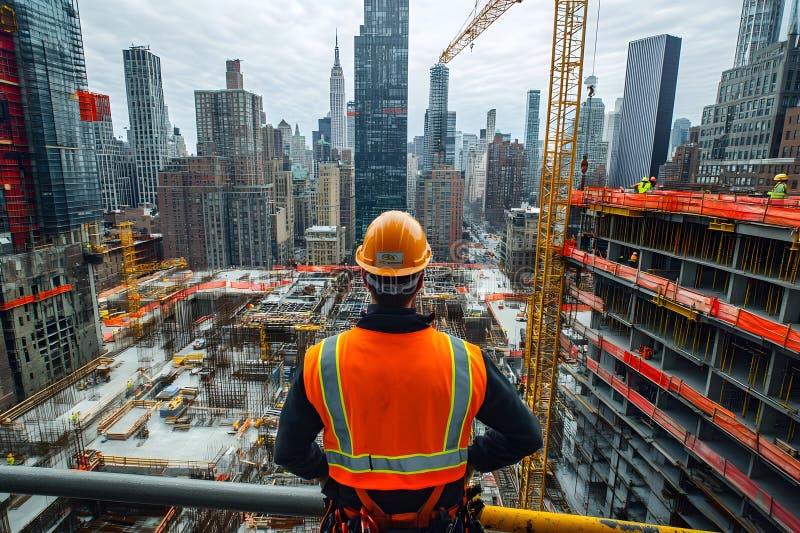 Construction Site Progress with Worker in Safety Gear Overseeing a ...