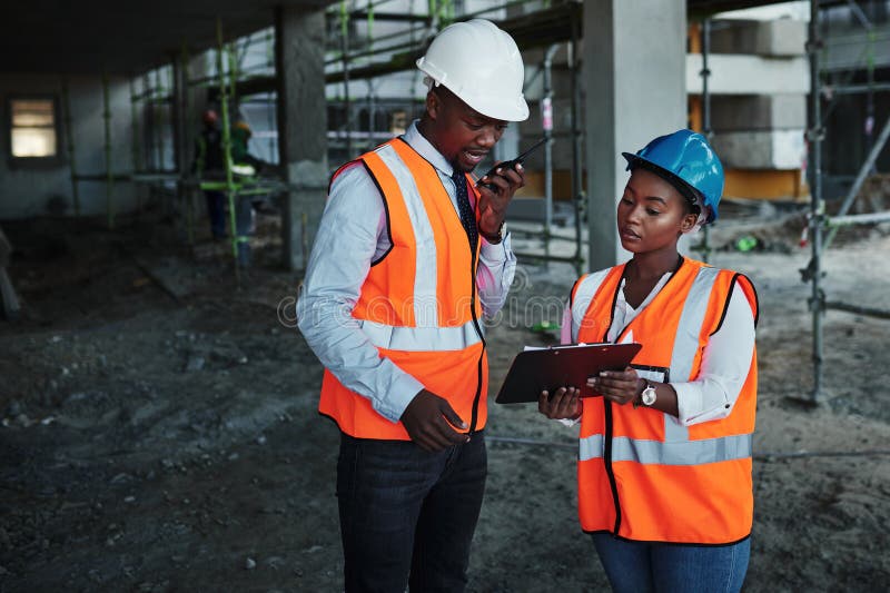 Construction Site, Radio and Black People with Clipboard for Teamwork ...