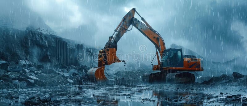 Construction Site in a Rain Day Excavator Stock Photo - Image of ground ...