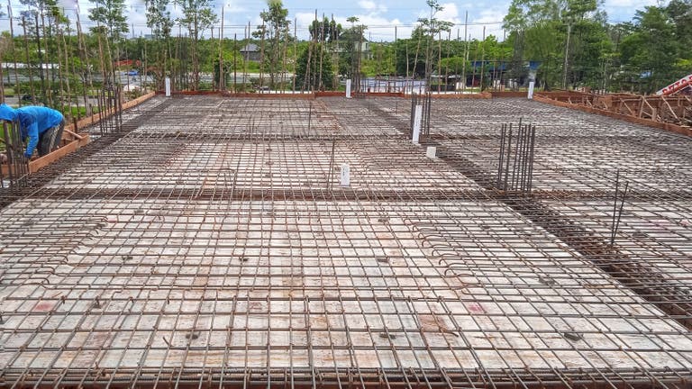 Construction Site Ready for Pouring Concrete, Stacked Rebar Grid Stock ...