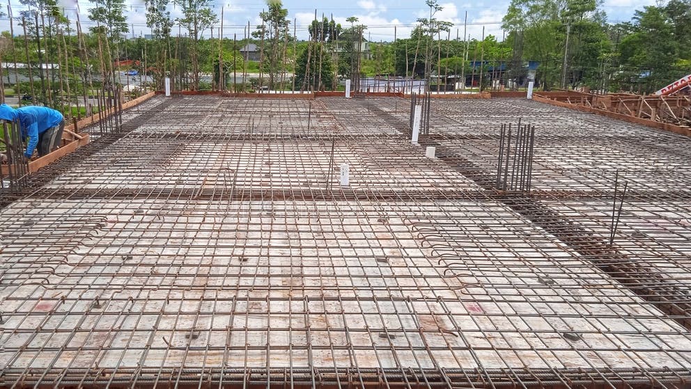 Construction Site Ready for Pouring Concrete, Stacked Rebar Grid Stock ...