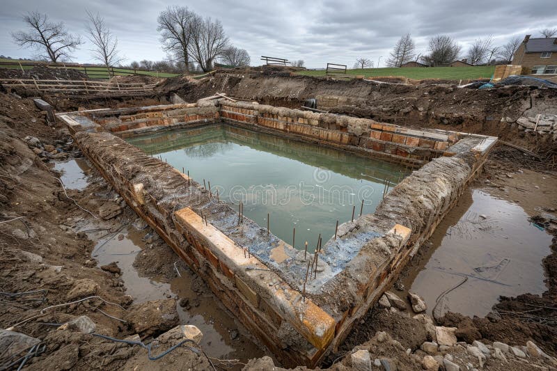 Swimming Pool Construction, Brickwork Foundation in Progress Stock ...