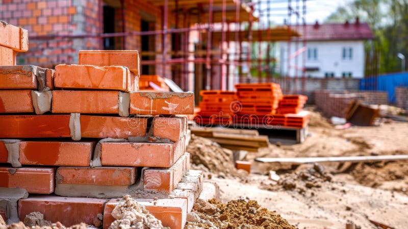 A Construction Site with Red Bricks Stacked, Indicating the Building of ...