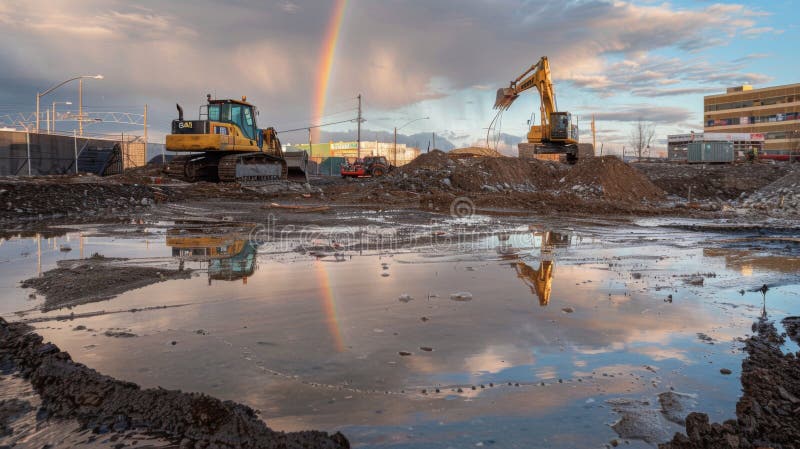 Construction Site with Reflective Rainbow and Heavy Machinery Stock ...