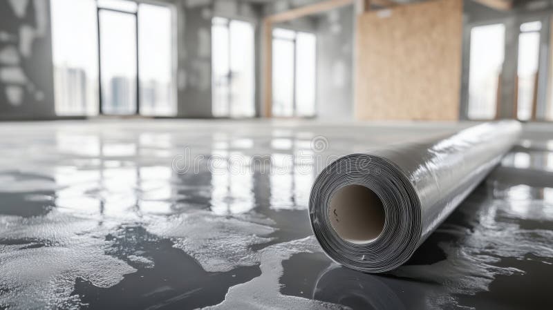 Construction Site with Rolled Plastic Sheeting on Wet Floor Stock Image ...
