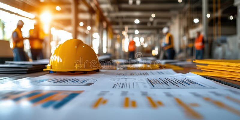 Construction Site with Safety Helmet and Project Documents in ...
