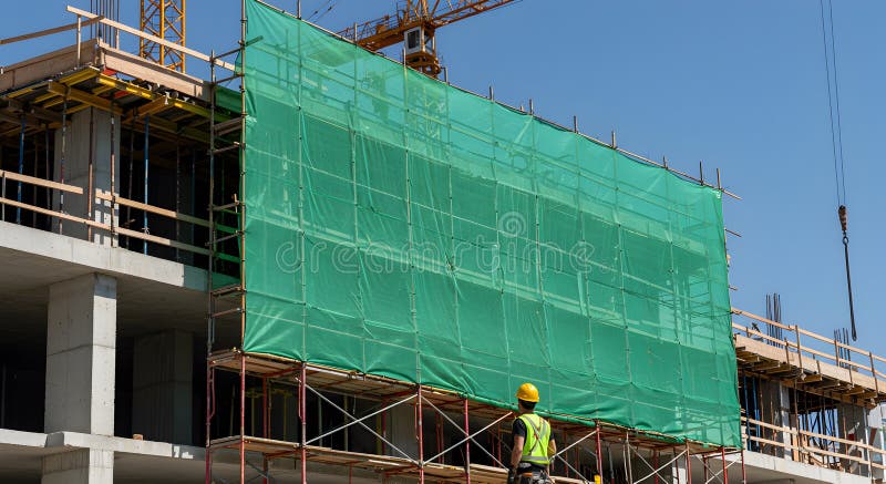 Construction Site with Safety Net and Worker, Reflecting Urban ...