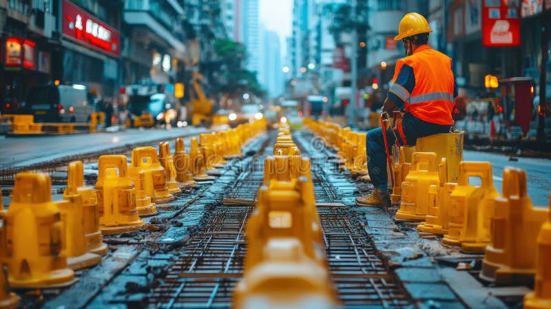 Construction Site Safety Worker Installing Protective Barriers ...