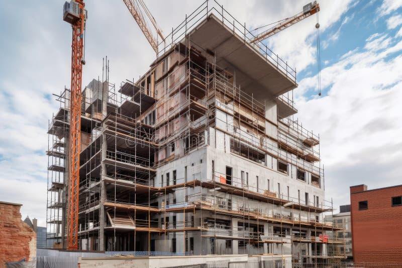 Construction Site with Scaffolding and Crane Towering Over the Building ...