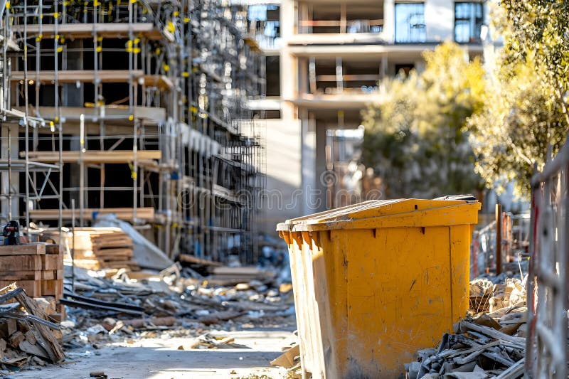 Construction Site with Scaffolding and Yellow Skip Bin in Urban Area ...