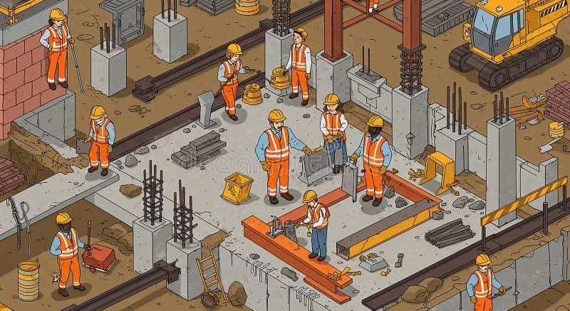 Construction Site Scene with Workers in Orange Safety Vests and Helmets ...