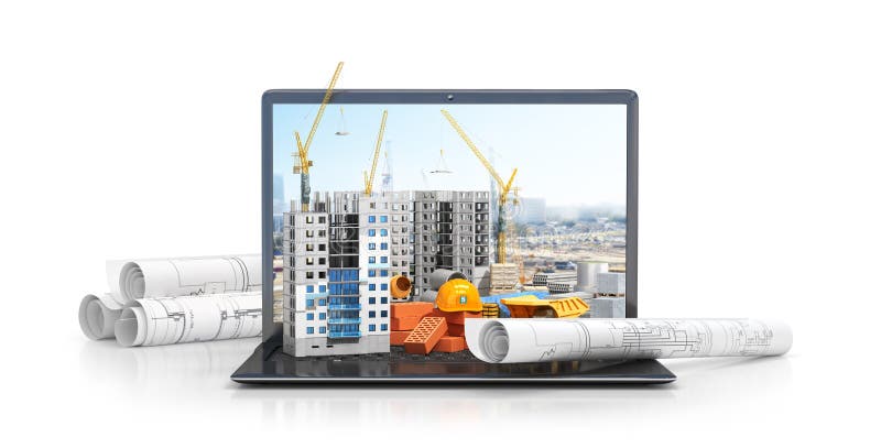 Construction Site on the Screen of a Laptop Computer, Skyscraper ...
