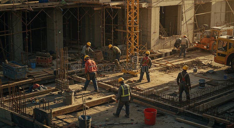 Construction Site with Several Workers Wearing Safety Gear, Including Yellow Stock Illustration ...