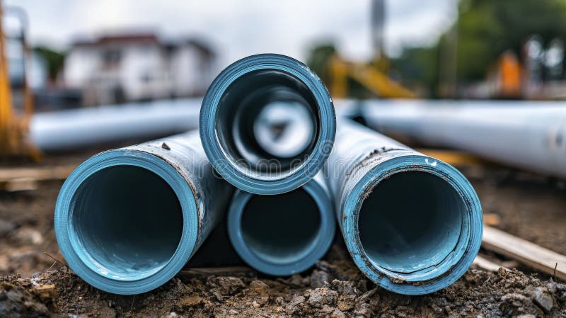 Construction Site Action Stacked Pvc Pipes in Urban Environment ...