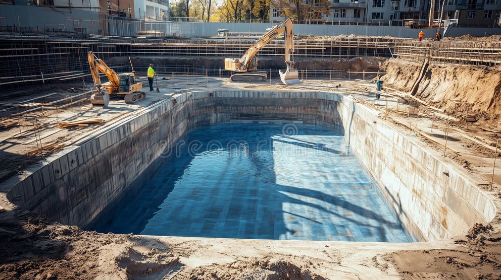 Construction Site of Large Swimming Pool with Heavy Machinery and ...