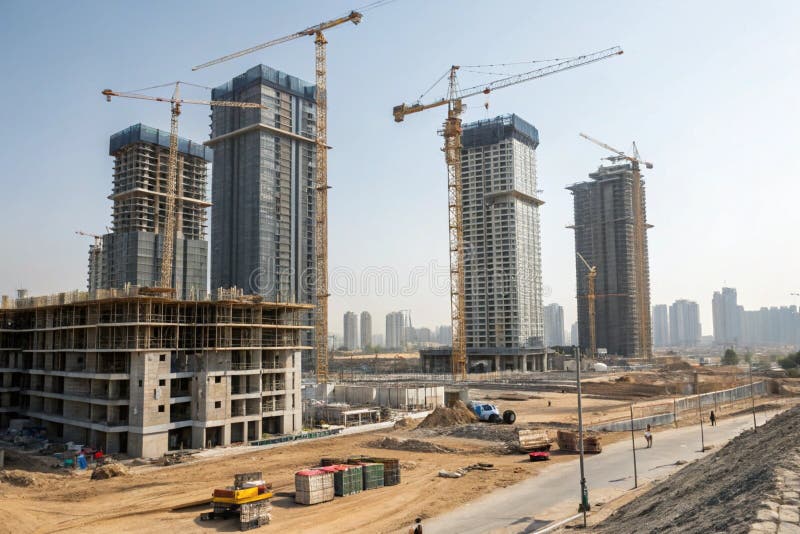 Construction of Residential Skyscrapers with Tower Crane Stock ...