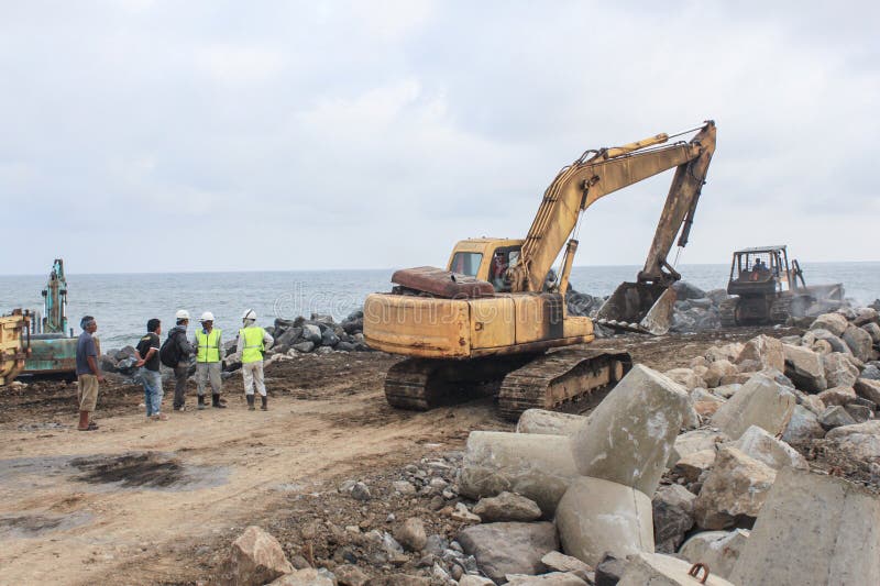 Construction Workers Engaged Wave Breaker Development Glagah Beach ...