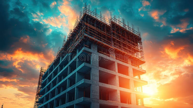 Construction Site Showcasing Nearly Completed Building Under Dramatic ...