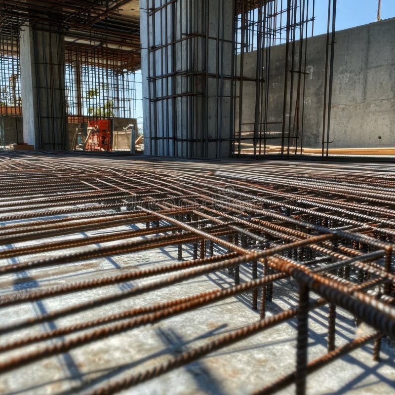 Construction Site Showcasing Steel Reinforcement Bars for Concrete Slab ...