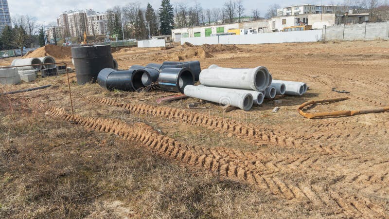 Construction Site Showcasing Various Diameters of Polyethylene and ...