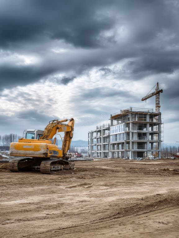 Construction Site Showing Excavator and Steel Frames Under Cloudy Sky ...