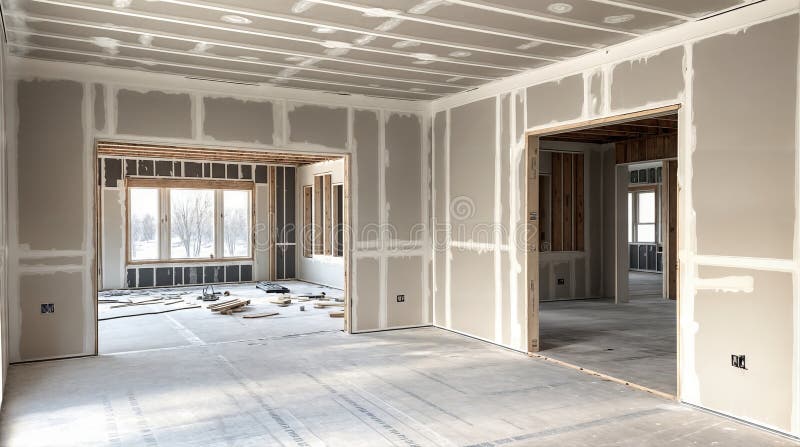 Construction Site Showing Plasterboard Walls and Ceiling during ...