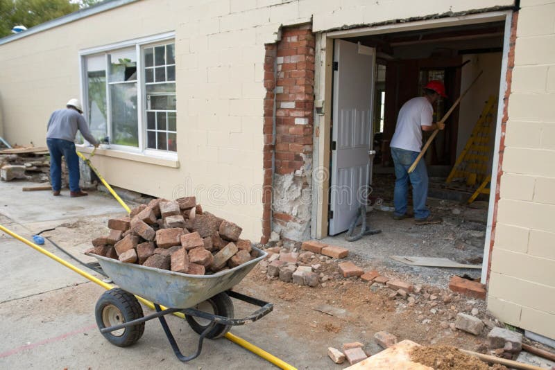 Wall Demolition for Renovation with Wheelbarrow Stock Illustration ...