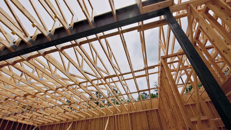 Construction Site Showing Wooden Truss Beams Framework Stock Video ...