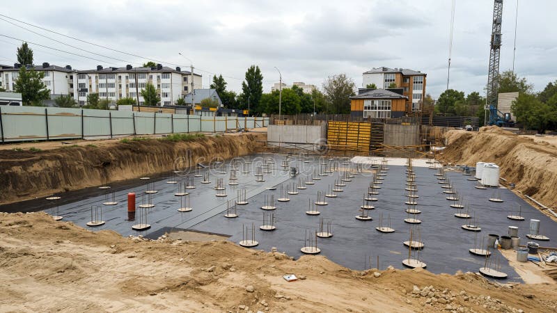 A Construction Site is Shown with Foundation Pillars Ready for a New ...