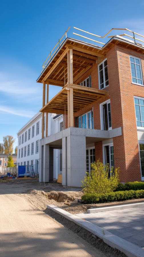 Construction Site Shows a Brick Building with Wood Framing and Concrete ...